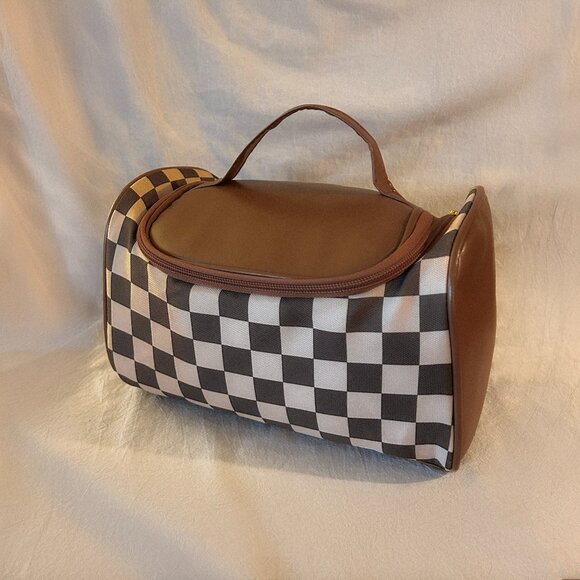 Bags | Brand New Brown And Cream Checkered Toiletry Travel Bag | Poshmark